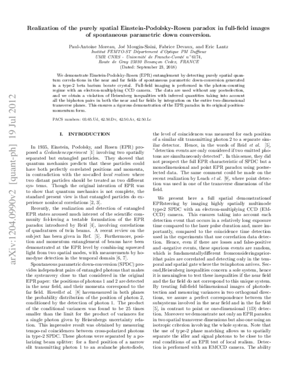 (PDF) Realization of the purely spatial Einstein-Podolsky-Rosen paradox ...