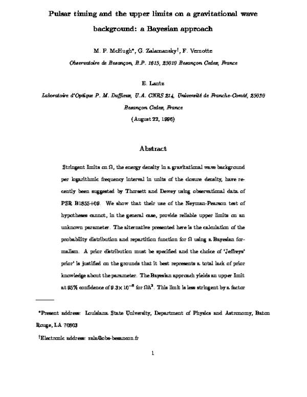 Pdf Pulsar Timing And The Upper Limits On A Gravitational Wave Background A Bayesian Approach