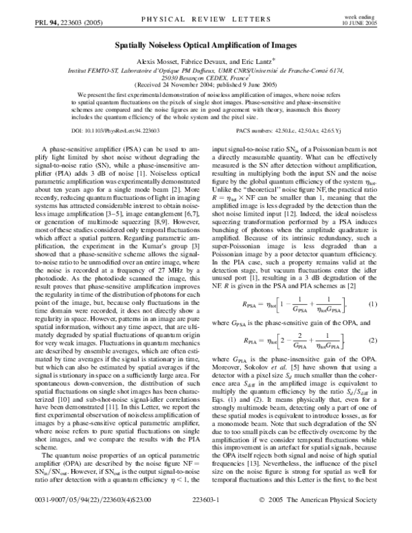 (PDF) Spatially Noiseless Optical Amplification of Images | Eric Lantz ...