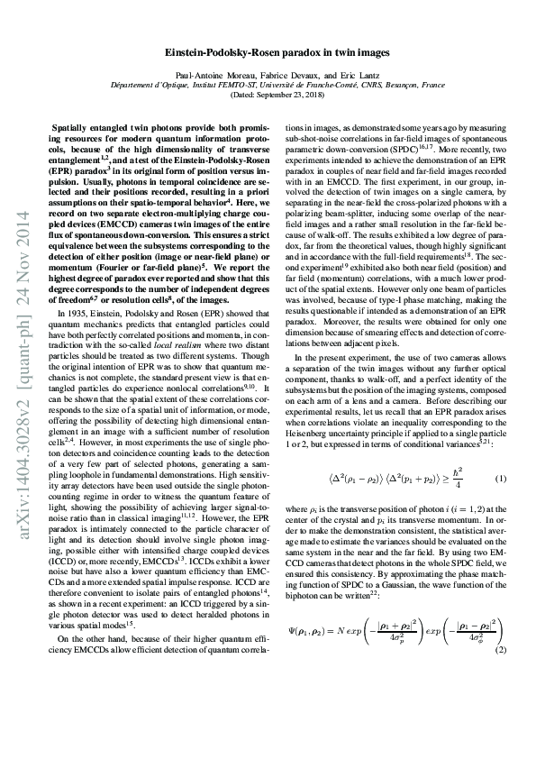 (PDF) Einstein-Podolsky-Rosen Paradox in Twin Images
