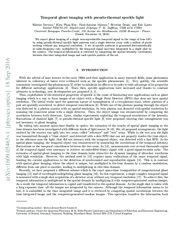 Pdf Temporal Ghost Imaging With Pseudo Thermal Speckle Light