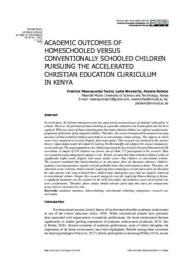 (PDF) Academic Outcomes of Homeschooled Versus Conventionally Schooled ...