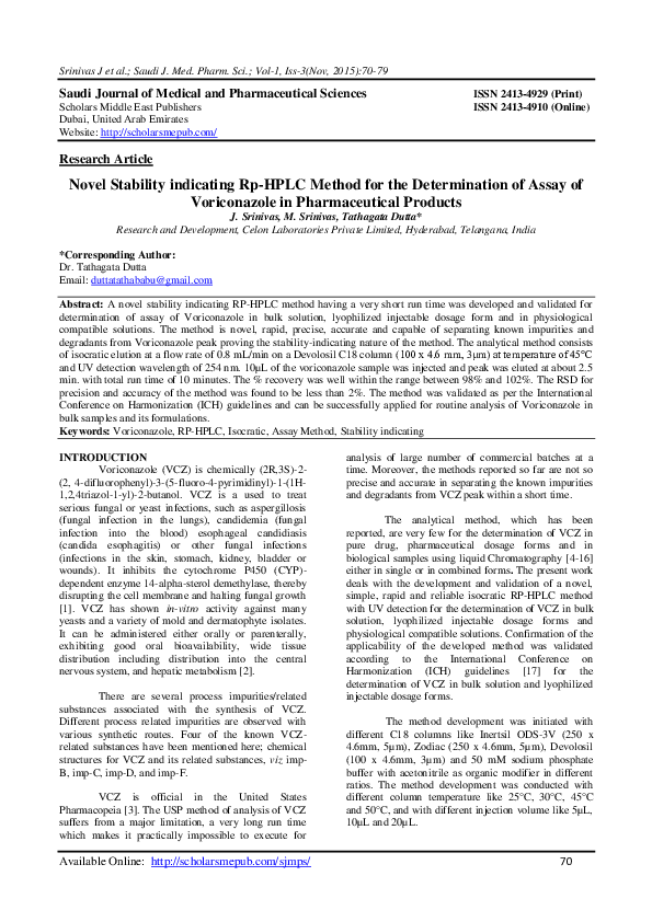 (PDF) Novel Stability indicating Rp-HPLC Method for the Determination of Assay of Voriconazole ...