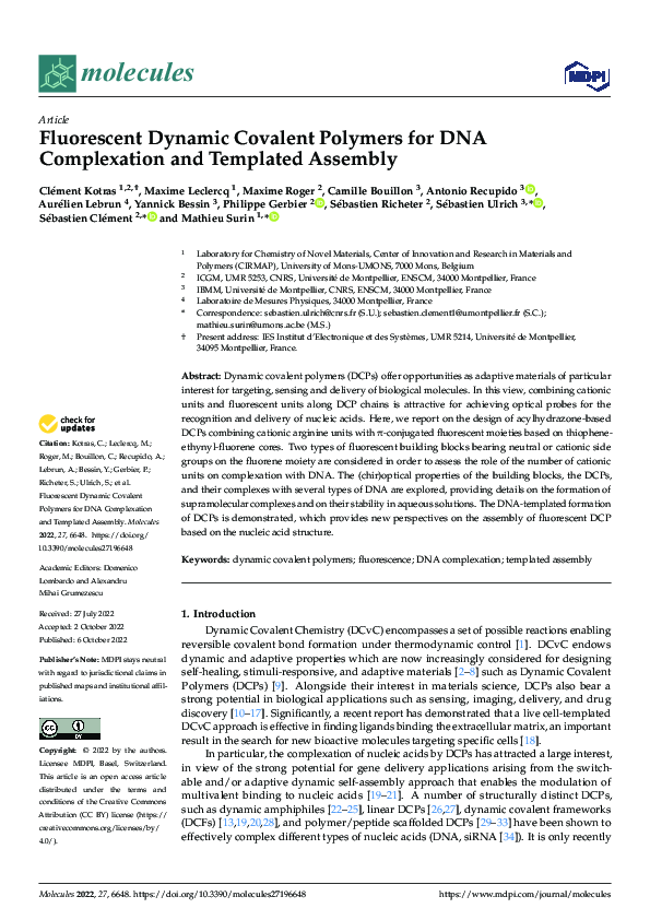 (PDF) Fluorescent Dynamic Covalent Polymers for DNA Complexation and ...