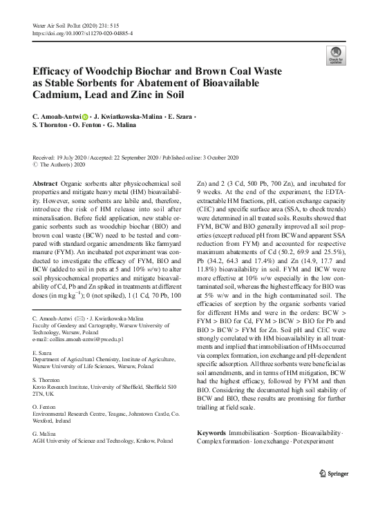 (PDF) Efficacy of Woodchip Biochar and Brown Coal Waste as Stable ...
