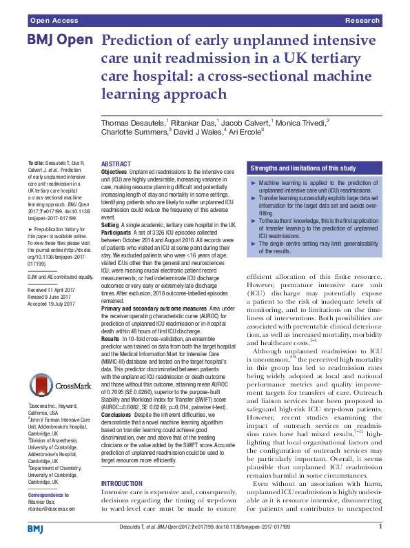 (PDF) Prediction of early unplanned intensive care unit readmission in a UK tertiary care ...