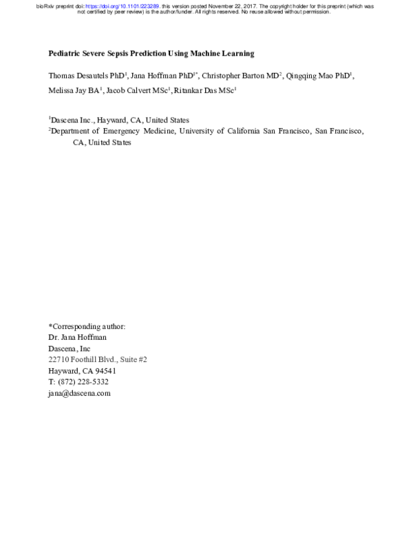 Pdf Pediatric Severe Sepsis Prediction Using Machine Learning