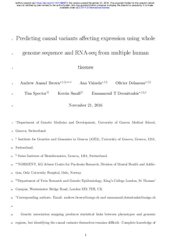 Pdf Predicting Causal Variants Affecting Expression Using Whole Genome Sequence And Rna Seq