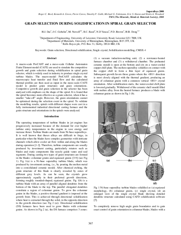 Pdf Grain Selection During Solidification In Spiral Grain Selector