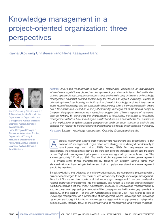 (PDF) Knowledge management in a project‐oriented organization: three perspectives
