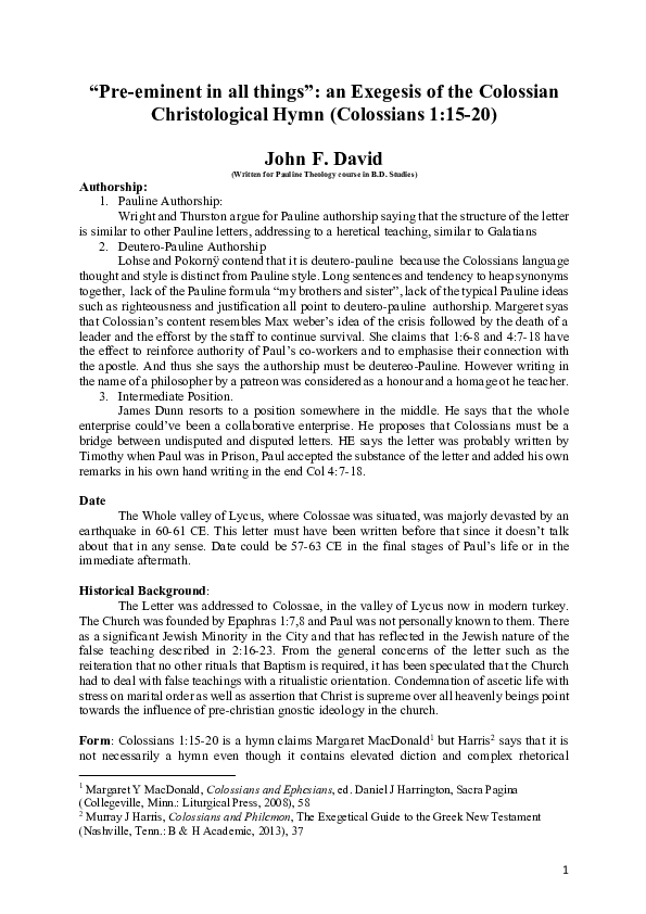 (PDF) John F. David: "Pre-eminent in all things": an Exegesis of the ...