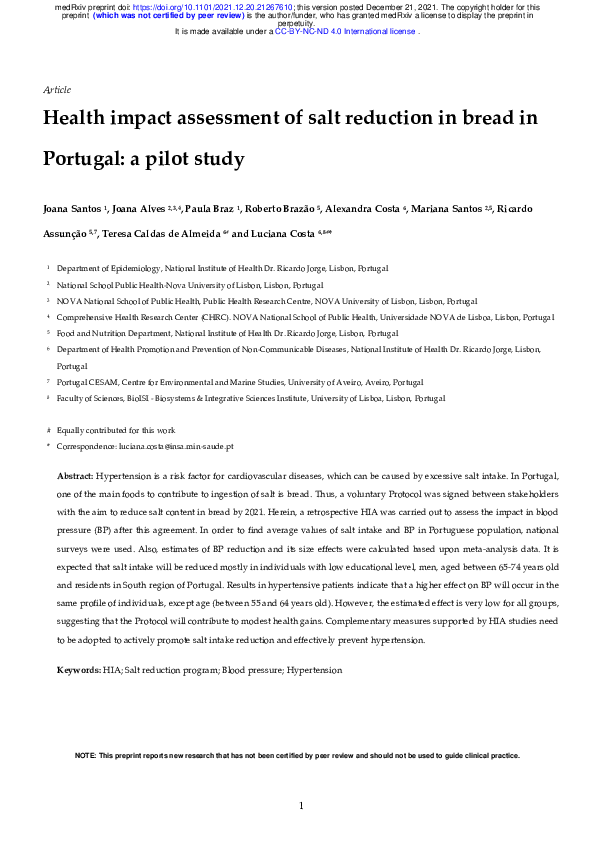 (PDF) Health impact assessment of salt reduction in bread in Portugal ...