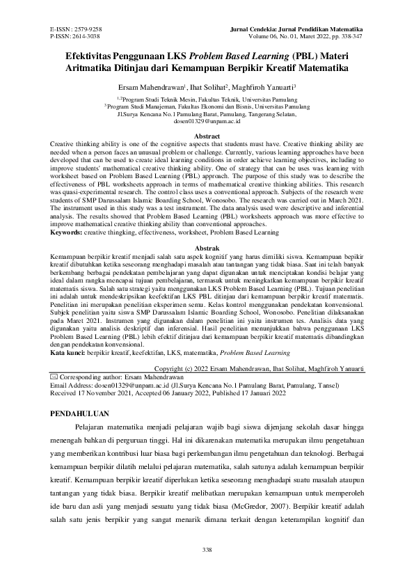 (PDF) Efektivitas Penggunaan LKS Problem Based Learning (PBL) Materi Aritmatika Ditinjau dari ...