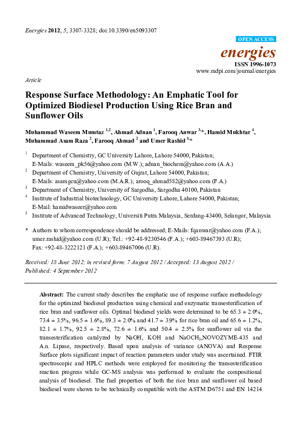 (PDF) Optimizing Biodiesel from Rice Bran and Sunflower Oils
