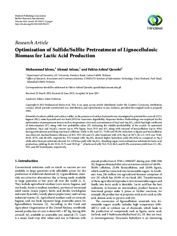 (PDF) Optimization of Sulfide/Sulfite Pretreatment of Lignocellulosic Biomass for Lactic Acid ...