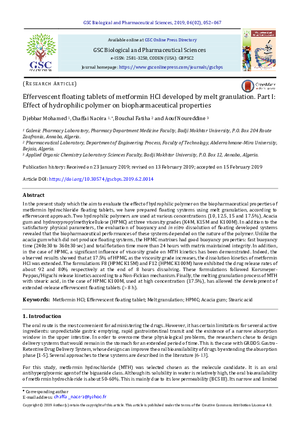 Effervescent Floating Tablets Of Metformin Hcl Developed By Melt