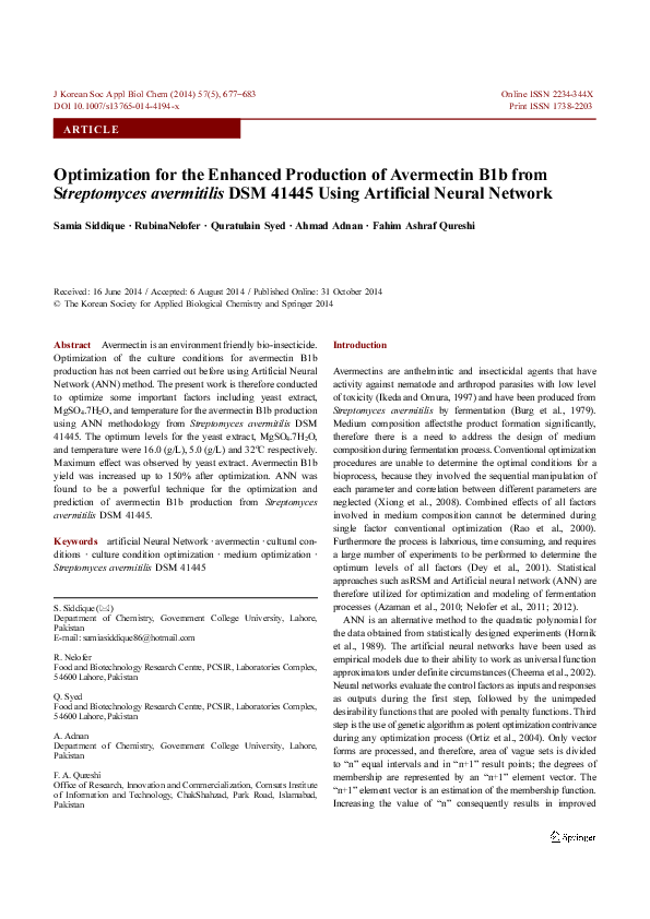 (PDF) Optimization for the enhanced production of avermectin B1b from Streptomyces avermitilis ...