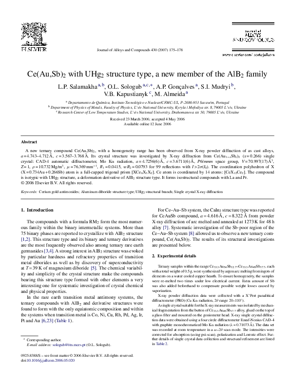 (PDF) Ce(Au,Sb)2 with UHg2 structure type, a new member of the AlB2 family