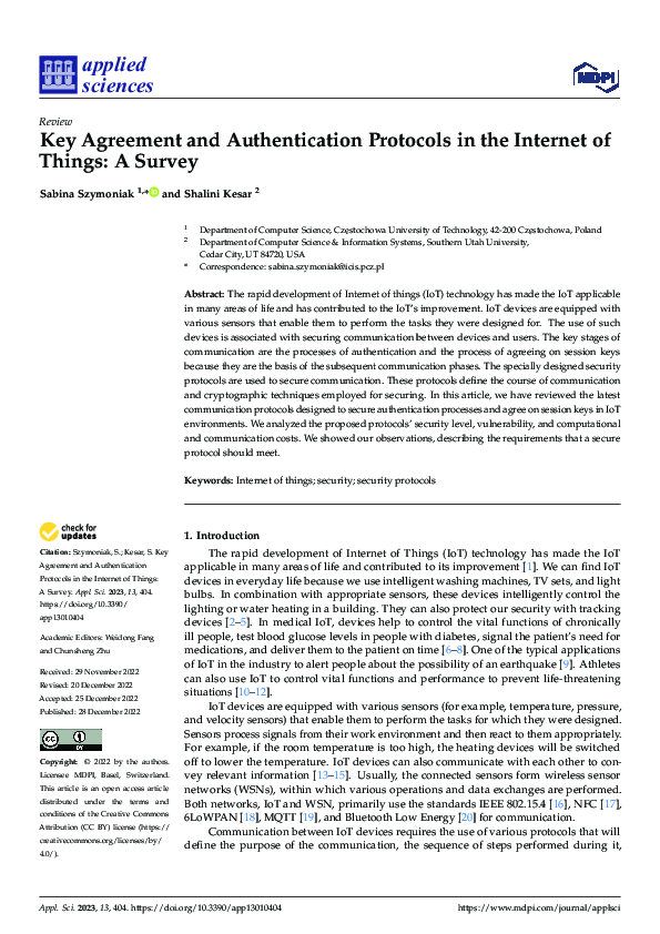 (PDF) Key Agreement and Authentication Protocols in the Internet of Things: A Survey