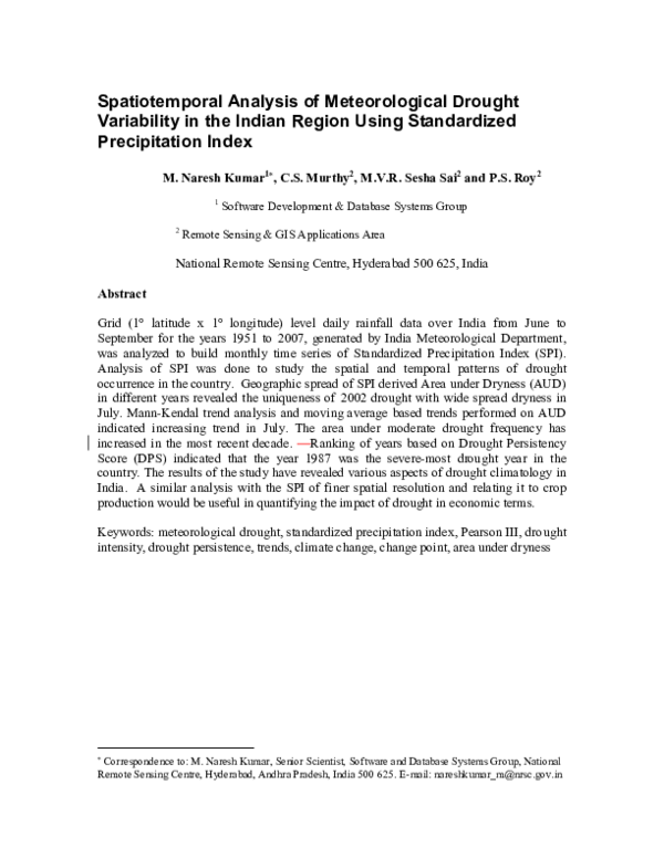 Pdf Spatiotemporal Analysis Of Meteorological Drought Variability In The Indian Region Using
