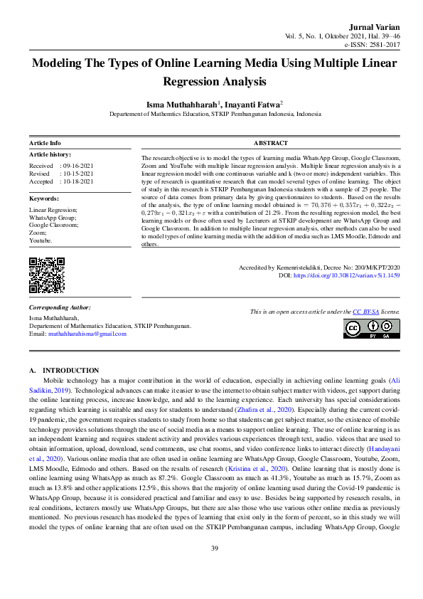 (PDF) Modeling The Types of Online Learning Media Using Multiple Linear Regression Analysis