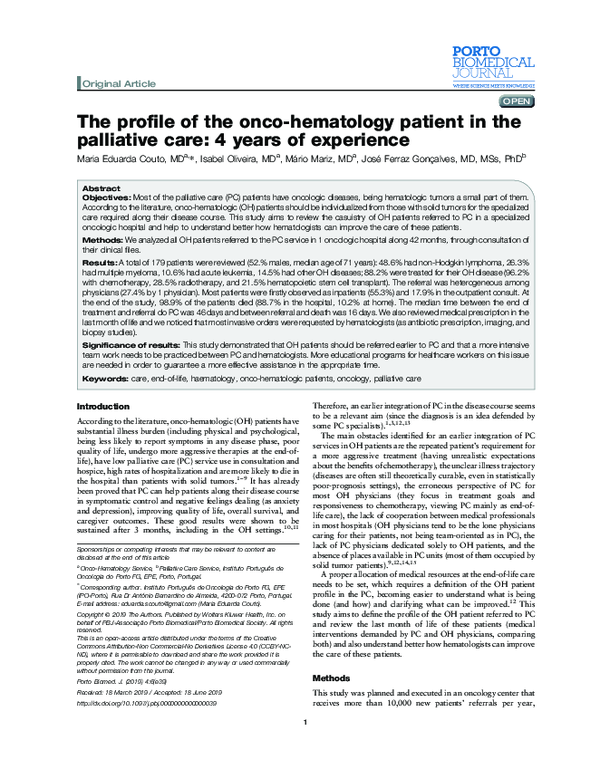 (PDF) The profile of the onco-hematology patient in the palliative care: 4 years of experience
