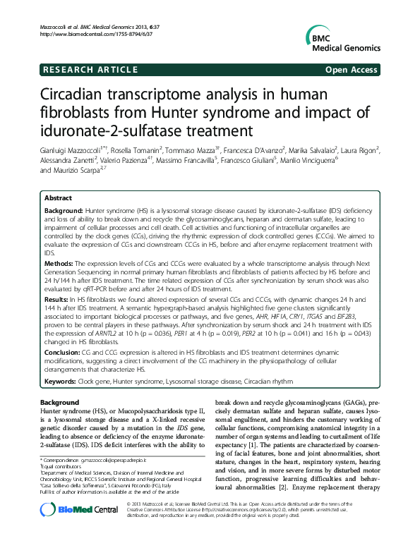 (PDF) Circadian transcriptome analysis in human fibroblasts from Hunter syndrome and impact of ...