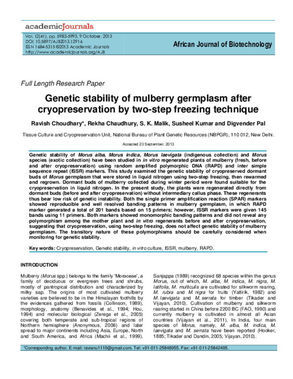 (PDF) Genetic stability of mulberry germplasm after cryopreservation by ...