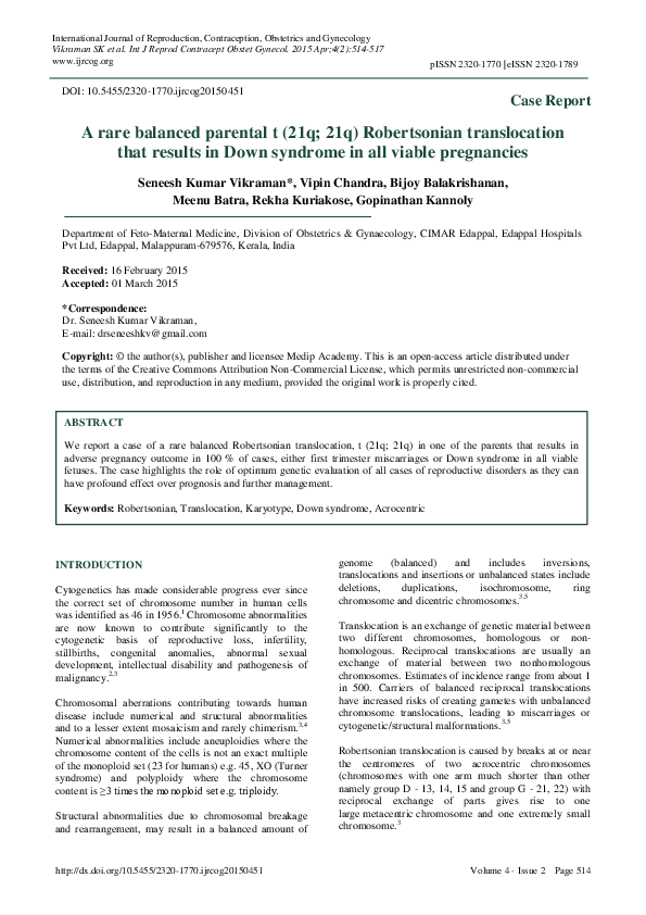 (PDF) A rare balanced parental t (21q; 21q) Robertsonian translocation ...