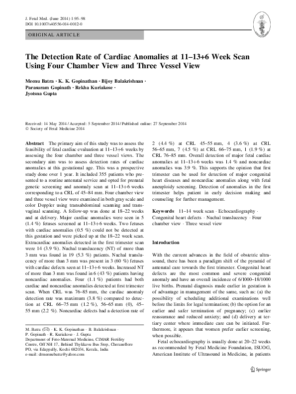 (PDF) The Detection Rate of Cardiac Anomalies at 11–13+6 Week Scan ...