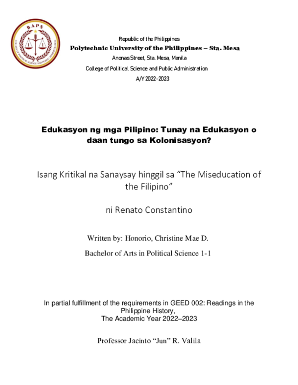 (PDF) Isang Kritikal na Sanaysay hinggil sa "The Miseducation of the Filipino" ni Renato Constantino