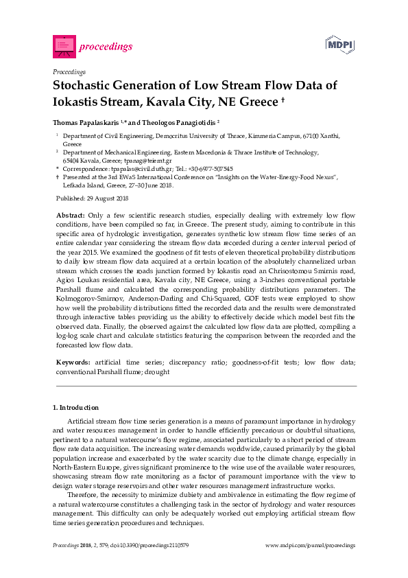 (PDF) Stochastic Generation of Low Stream Flow Data of Iokastis Stream, Kavala City, NE Greece