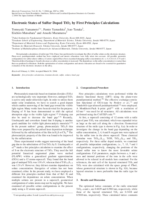 (PDF) Electronic States of Sulfur Doped TiO2 by First Principles ...