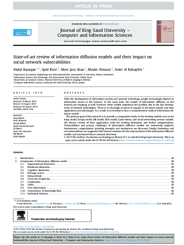 Pdf State Of Art Review Of Information Diffusion Models And Their Impact On Social Network