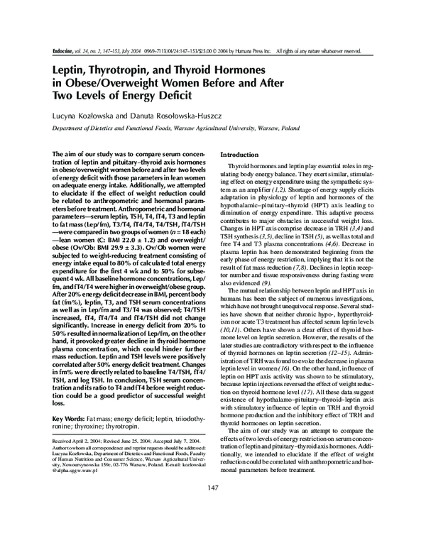 Pdf Leptin Thyrotropin And Thyroid Hormones In Obese Overweight