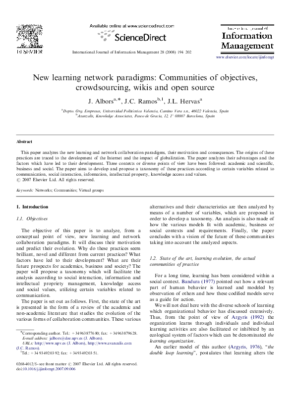 (PDF) New learning network paradigms: Communities of objectives, crowdsourcing, wikis and open ...