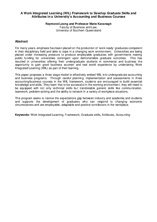 (PDF) A work integrated learning (WIL) framework to develop graduate ...