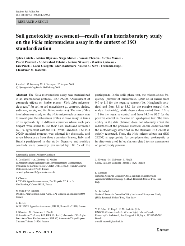 (PDF) Soil genotoxicity assessment—results of an interlaboratory study ...