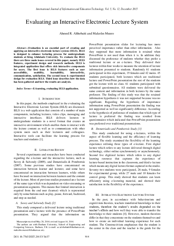 (PDF) Evaluating an Interactive Electronic Lecture System