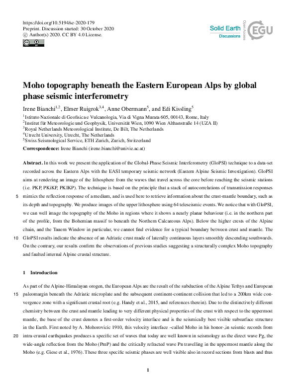 (PDF) Moho topography beneath the Eastern European Alps by global phase seismic interferometry