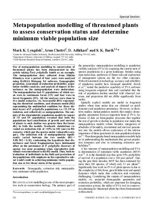 (PDF) Metapopulation Modelling of Threatened Plants to Assess Conservation Status and Determine ...
