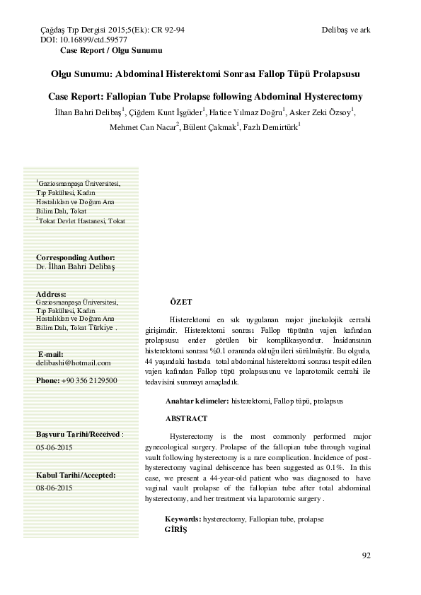(PDF) Olgu Sunumu: Total Abdominal Histerektomi Sonrası Fallop Tüpü ...