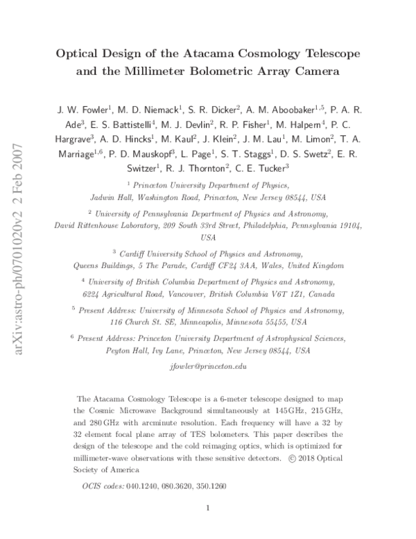 (PDF) Optical design of the Atacama Cosmology Telescope and the ...