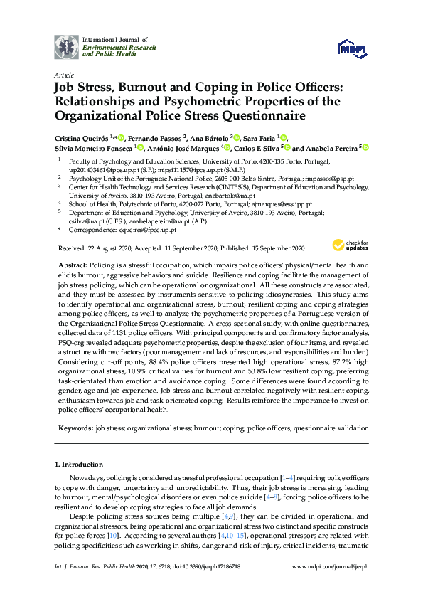 (PDF) Job Stress, Burnout and Coping in Police Officers: Relationships ...