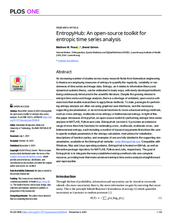 (PDF) EntropyHub: An open-source toolkit for entropic time series analysis