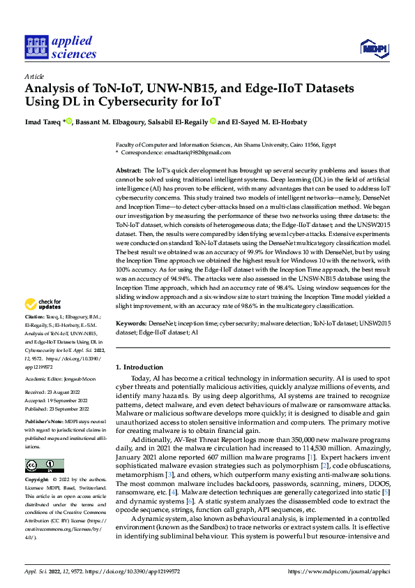 Pdf Analysis Of Ton Iot Unw Nb15 And Edge Iiot Datasets Using Dl In