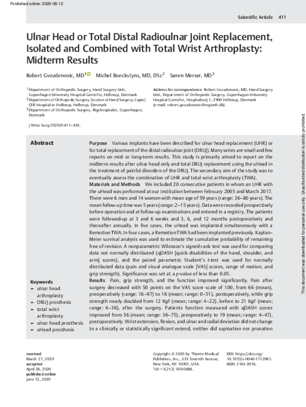 (PDF) Ulnar Head or Total Distal Radioulnar Joint Replacement, Isolated ...