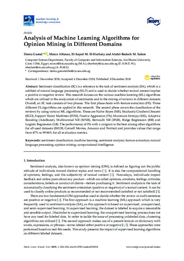 (PDF) Analysis of Machine Learning Algorithms for Opinion Mining in Different Domains