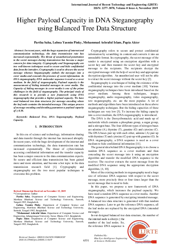 (PDF) Higher Payload Capacity in DNA Steganography using Balanced Tree Data Structure | Papia ...