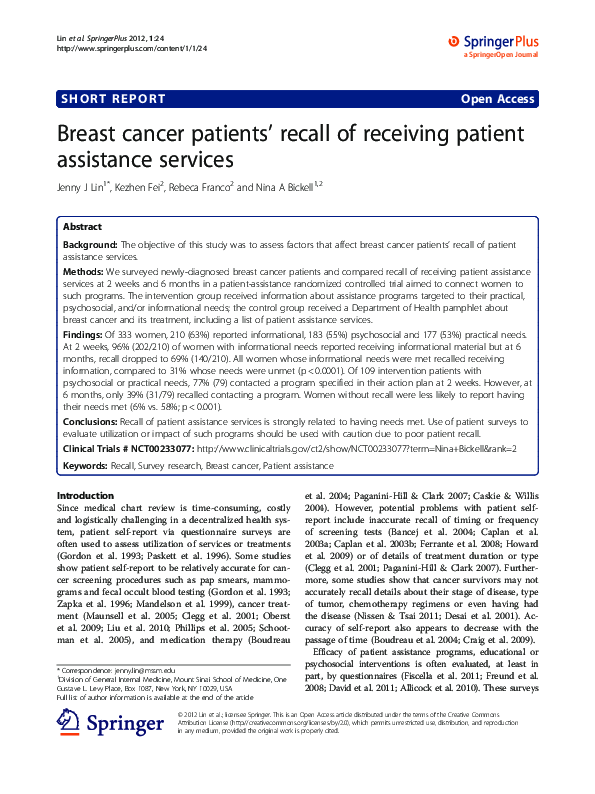 (PDF) Breast cancer patients’ recall of receiving patient assistance ...